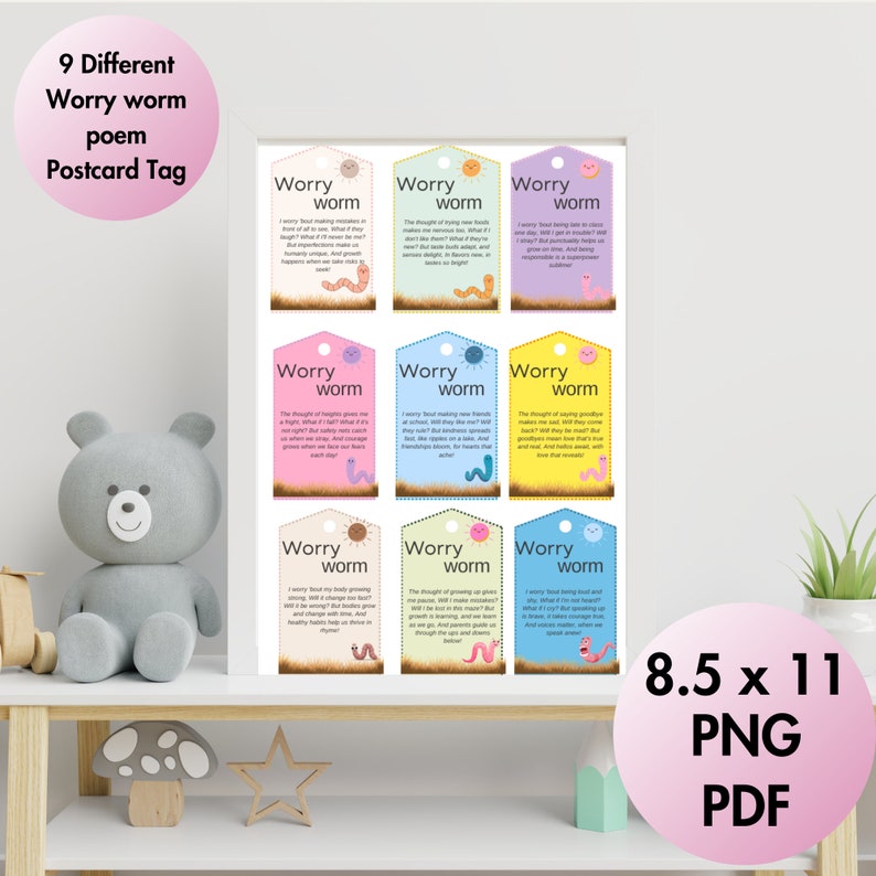 Colorful Worry Worm Poem Postcard Set 9 Different Tags Stationery Set ...