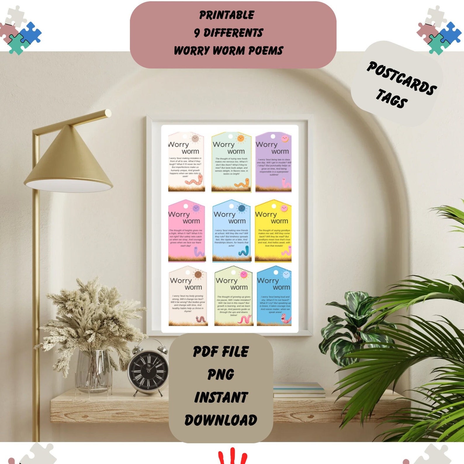 Colorful Worry Worm Poem Postcard Set 9 Different Tags Stationery Set ...