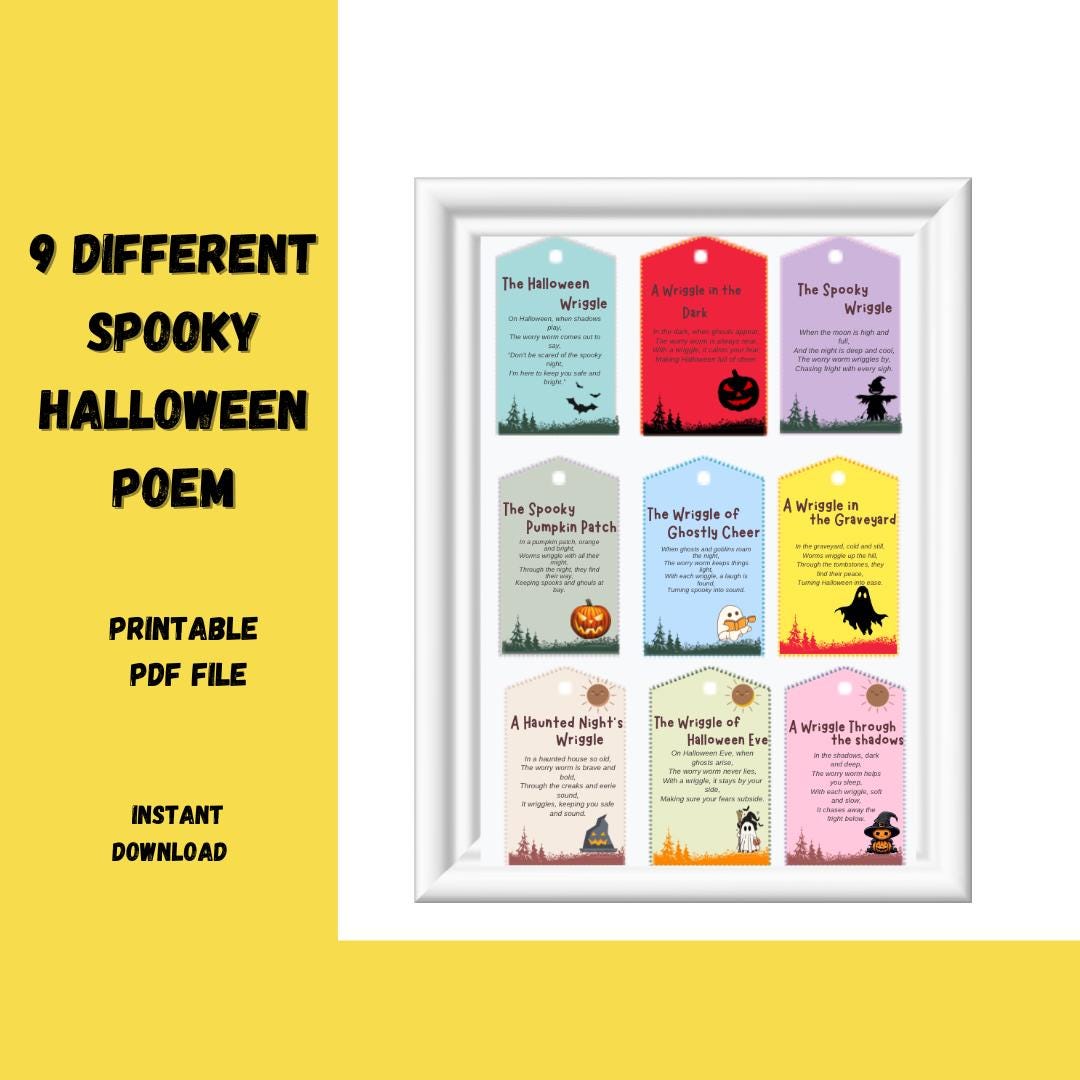 Set of 9 Colorful Spooky Halloween Poem Postcard Tags, Decorative Gift ...