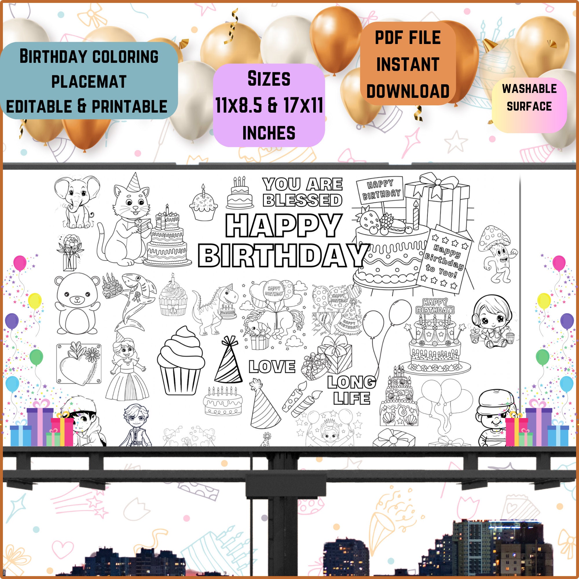 Editable Birthday Coloring Placemat Set,kids Activity Mats,party Table ...