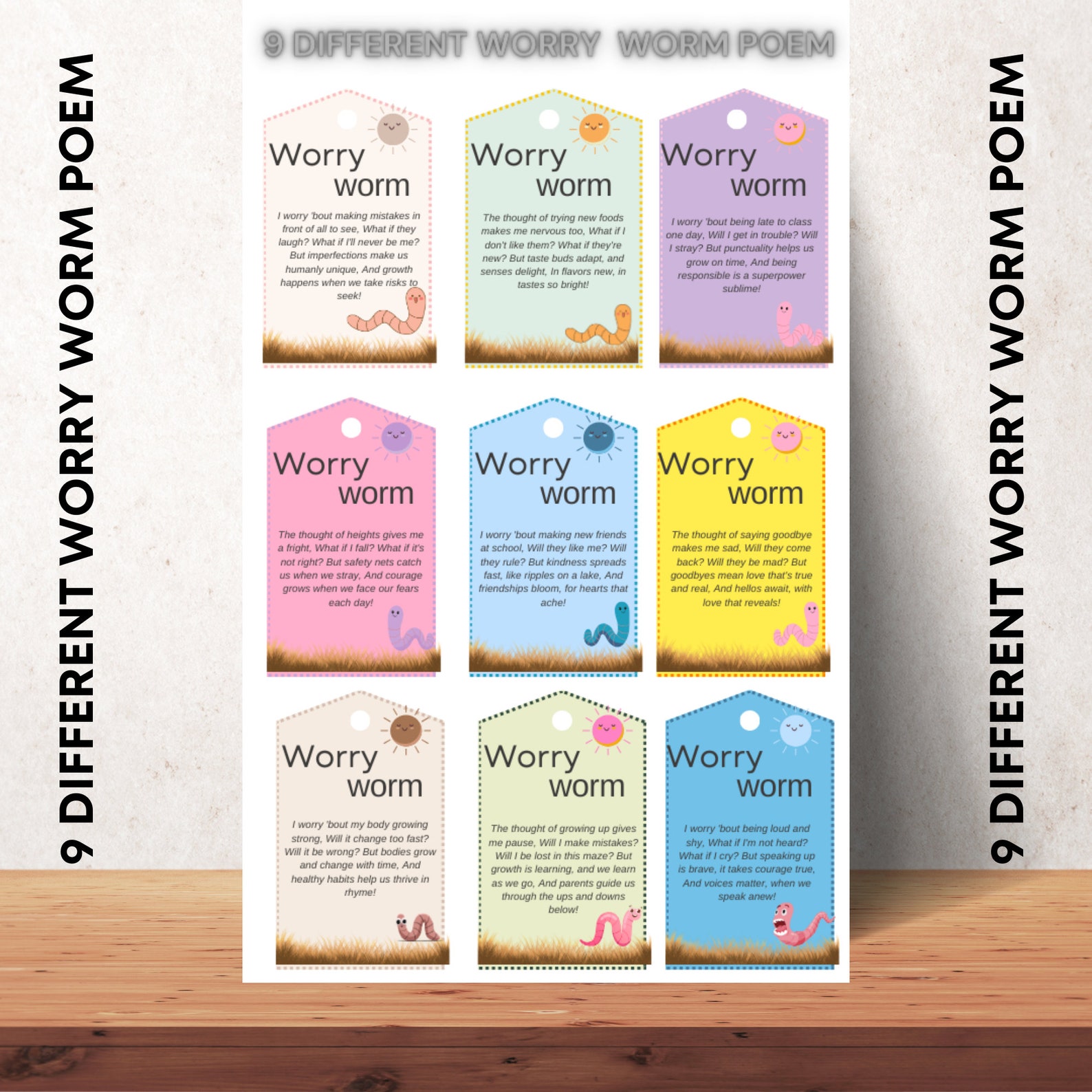 Colorful Worry Worm Poem Postcard Set 9 Different Tags Stationery Set ...