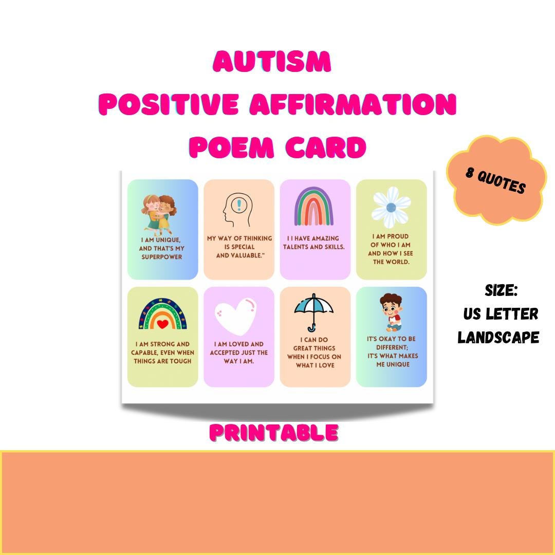 Autism Positive Affirmations for Kid Poems Card Motivation Card Empower ...