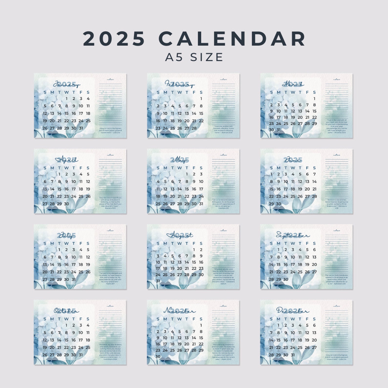 Printable 2025 Calendar A5 Size Monthly Calendar Landscape Wall ...