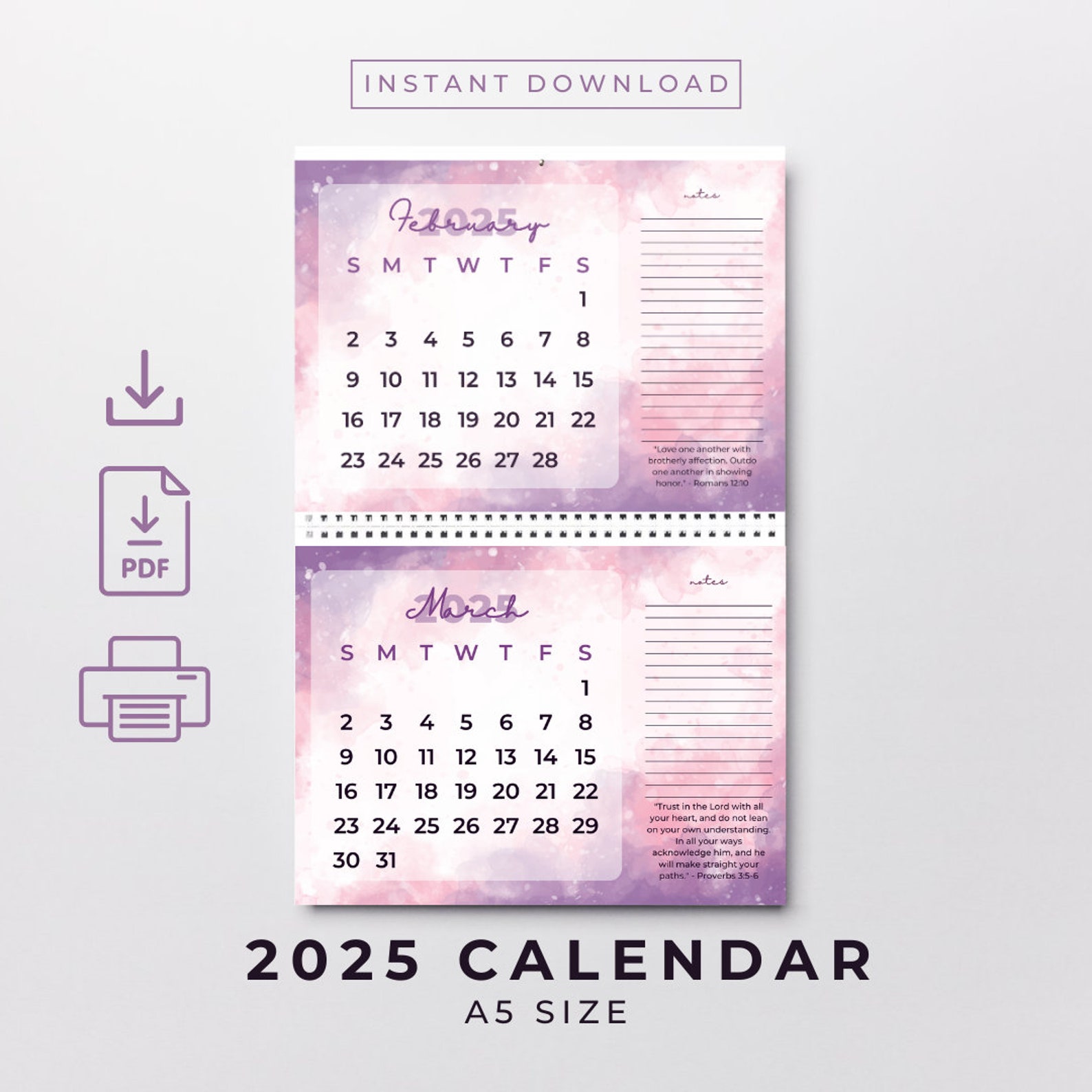 Printable 2025 Calendar A5 Size Monthly Calendar Landscape Wall ...
