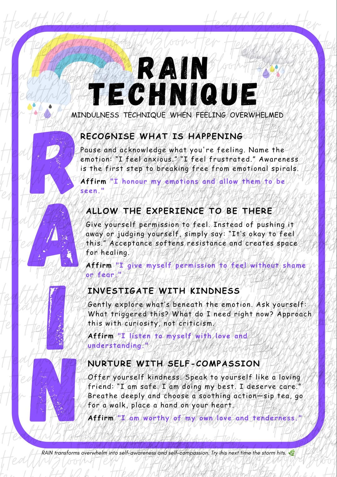 RAIN Technique Mindfulness Printable | Self-care & Emotional Healing ...