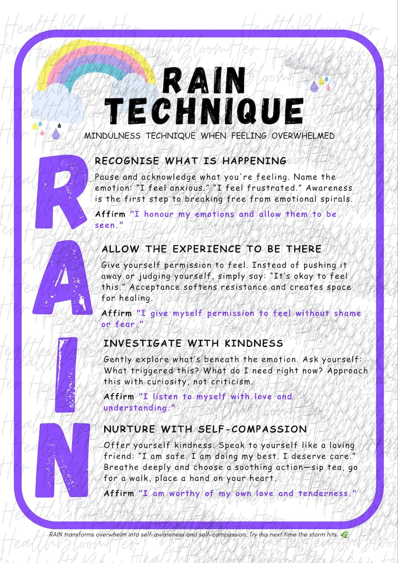 RAIN Technique Mindfulness Printable | Self-care & Emotional Healing ...