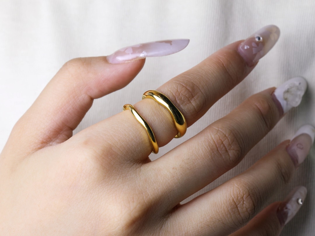 Non-tarnish Gold Ring Set - 18k Gold Filled Wave Rings Set of 2 ...