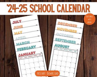 Editable School Year Calendar Printable 2024-2025 Portrait Monthly ...