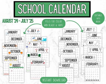 Editable School Year Calendar Printable 2024-2025 Portrait Monthly ...