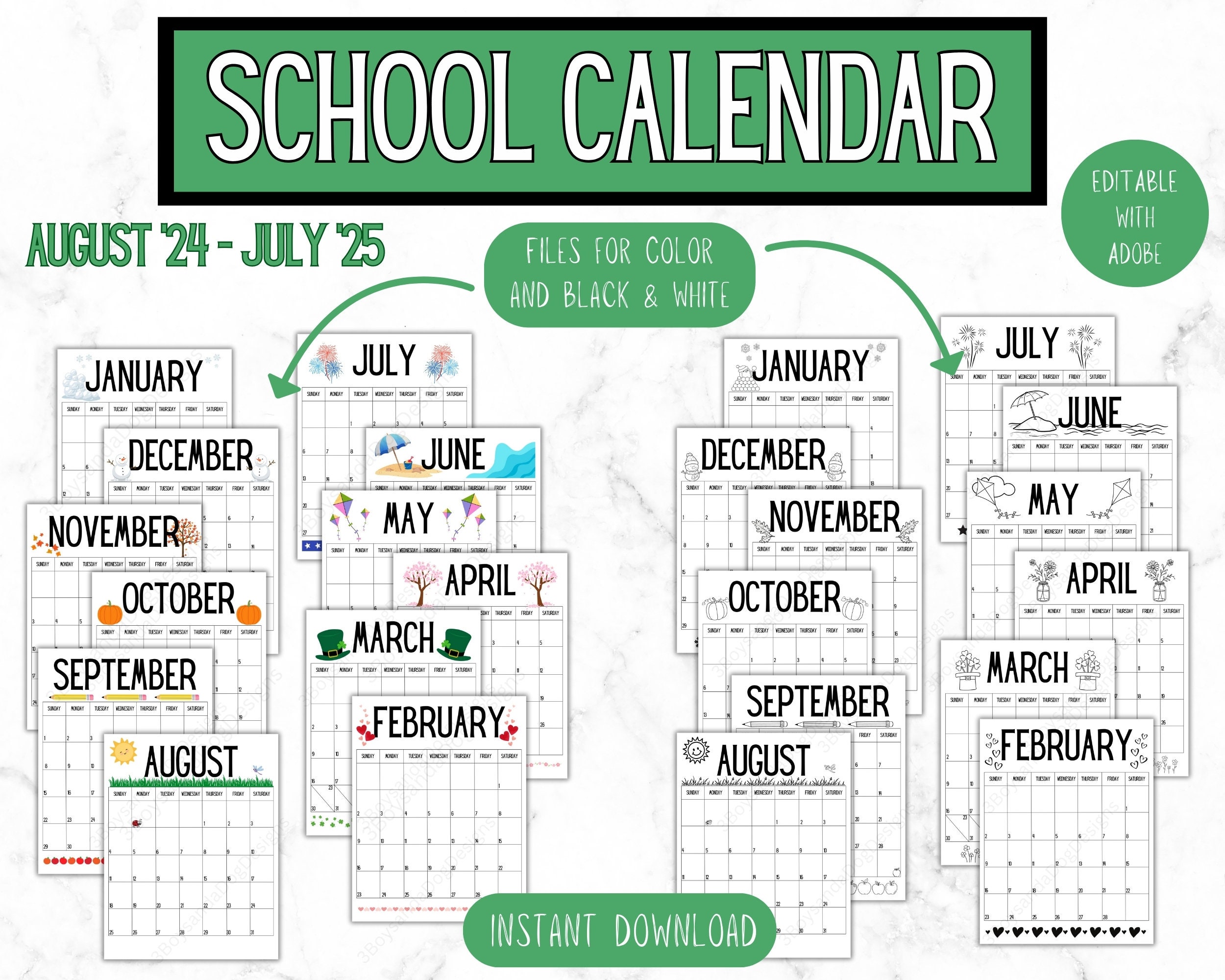 Editable School Year Calendar Printable 2024-2025 Portrait Monthly ...