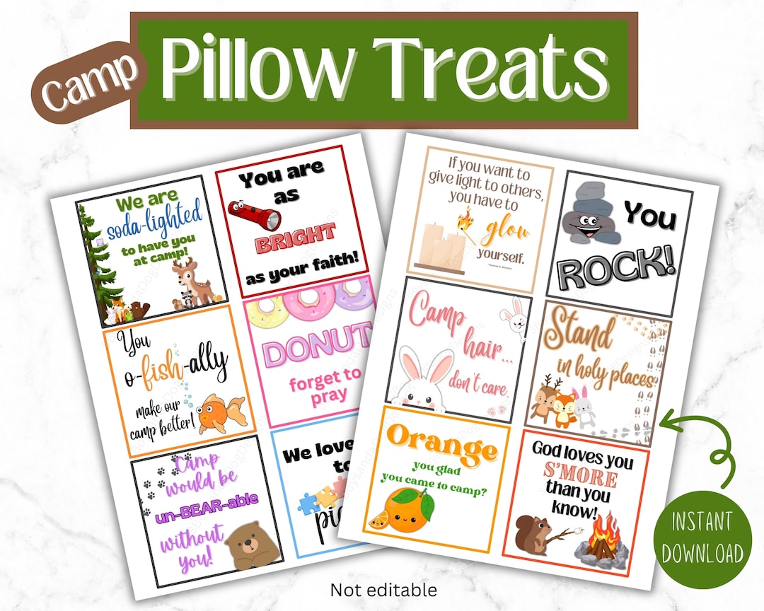 12 Different Printable Girls Camp Treat Tags | Pillow Treats | Tuck in ...