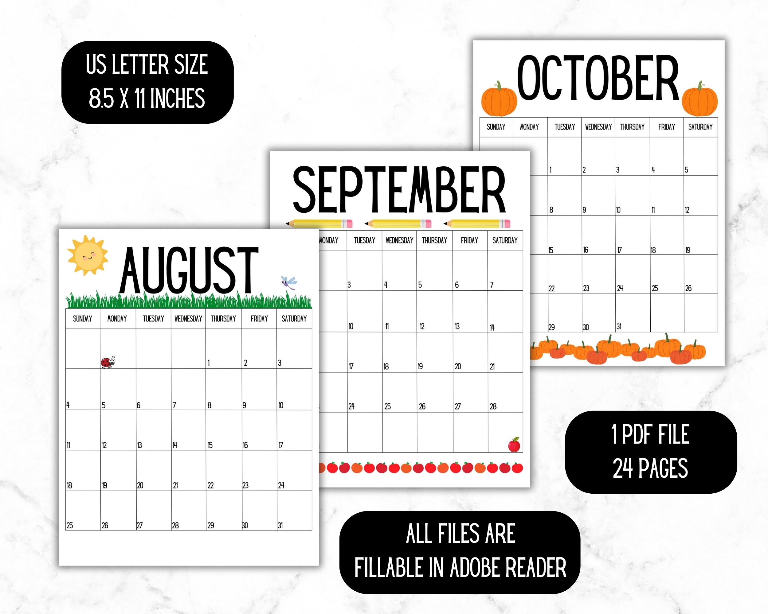 Editable School Year Calendar Printable 2024-2025 Portrait Monthly ...