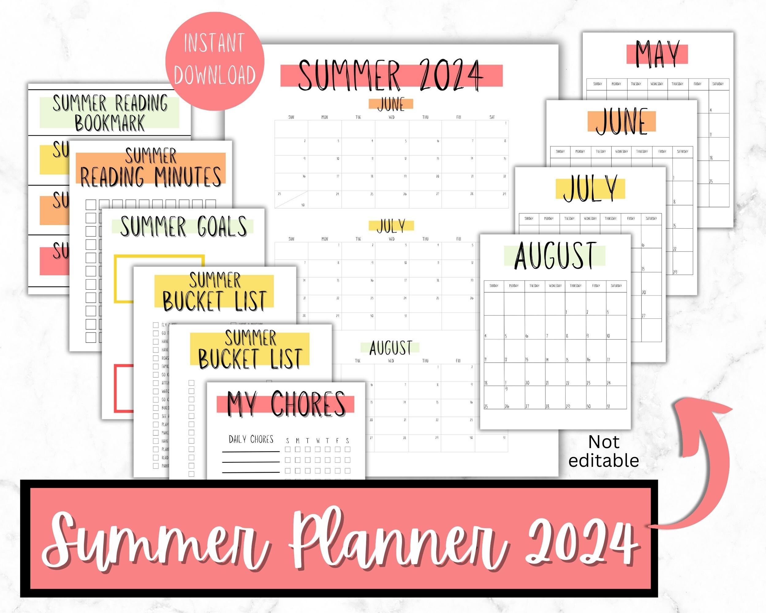 Printable Summer Kids Planner, 2024 Summer Calendar, Summer Chore Chart ...
