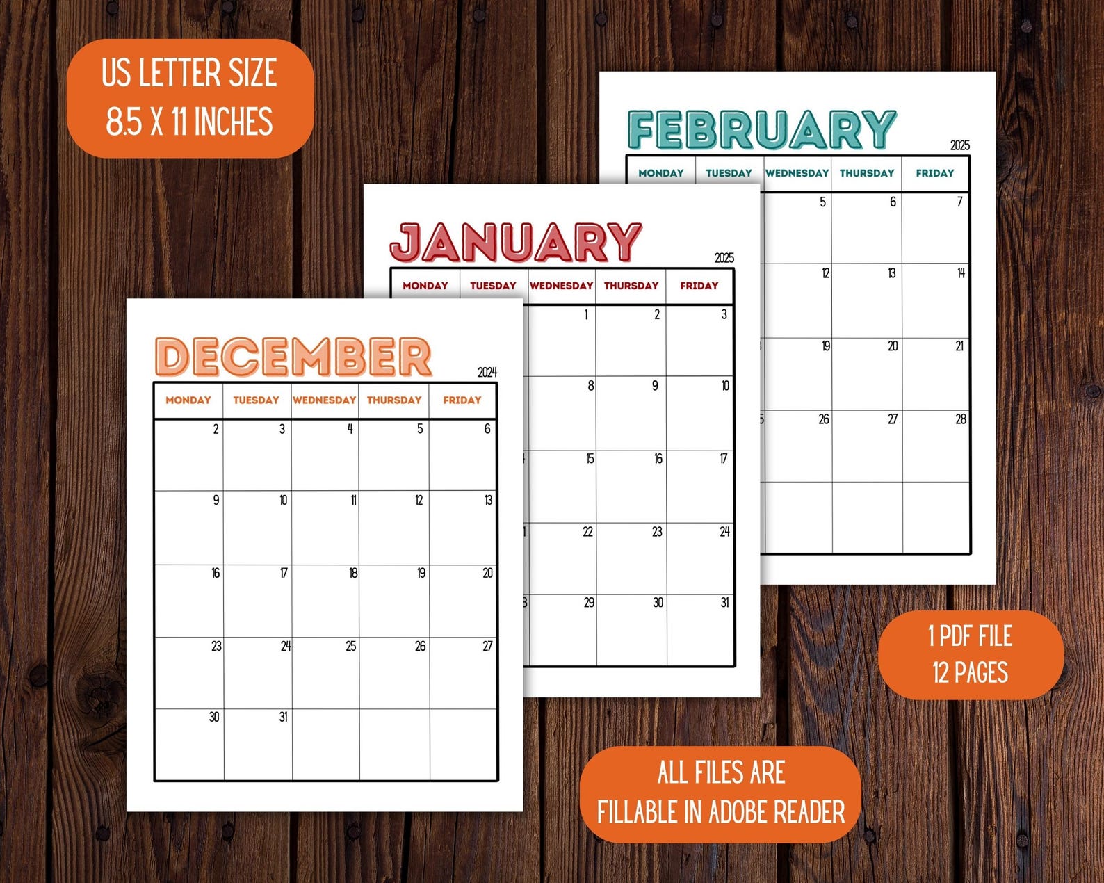 Editable School Year Calendar Printable 2024-2025 | Portrait Monthly ...