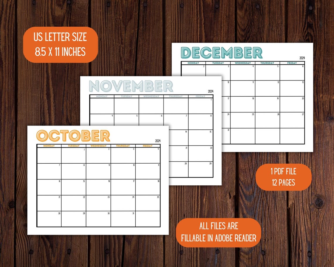 Editable School Year Calendar Printable 2024-2025 Landscape Monthly ...