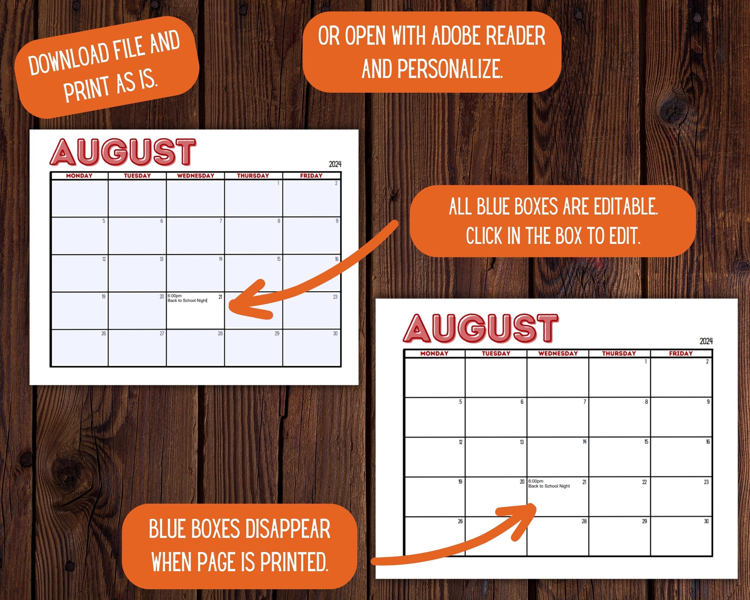 Editable School Year Calendar Printable 2024-2025 Landscape Monthly ...