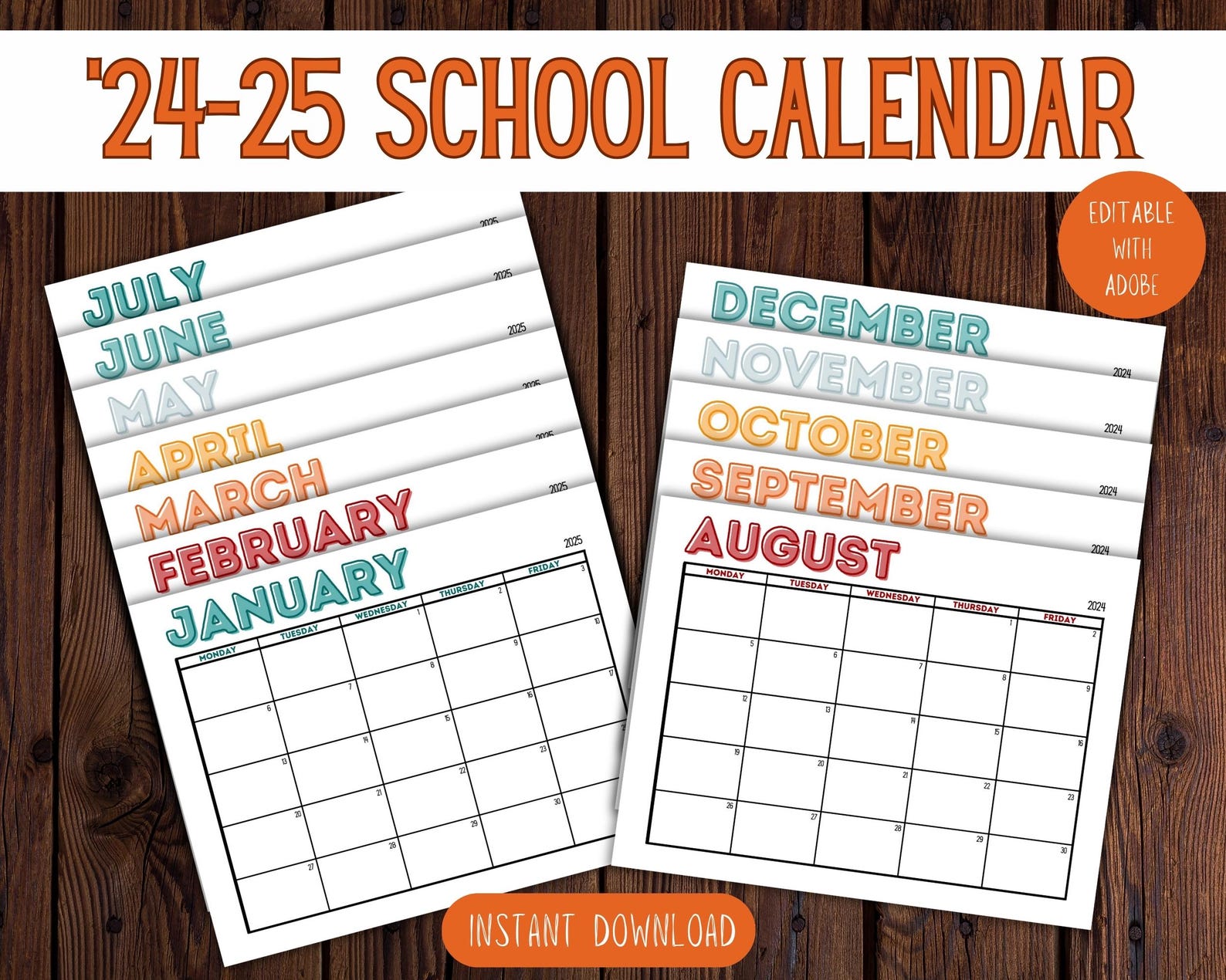 Editable School Year Calendar Printable 2024-2025 Landscape Monthly ...