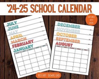 Editable School Year Calendar Printable 2024-2025 Portrait Monthly ...