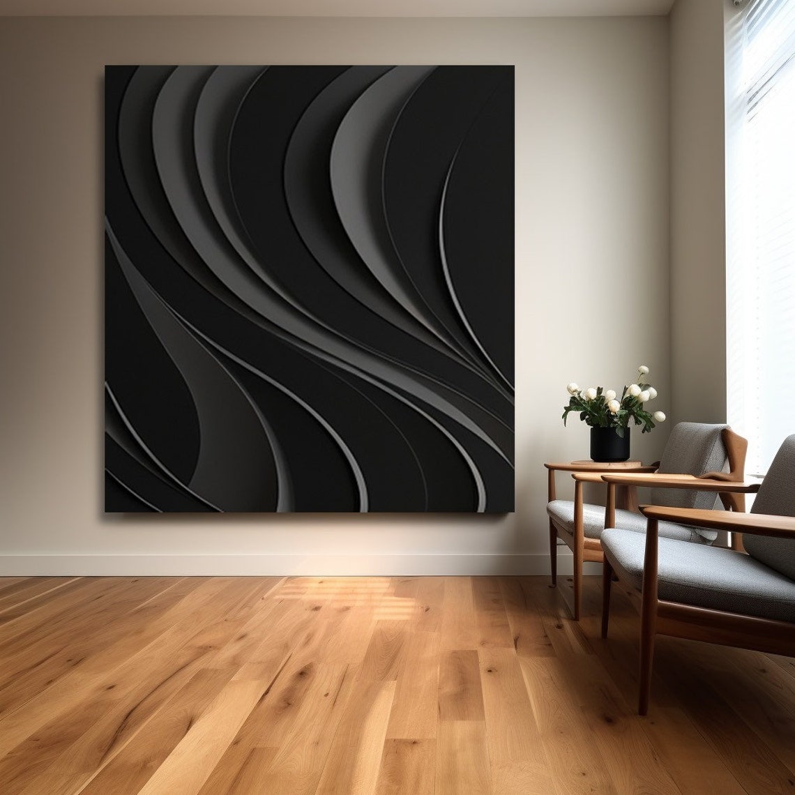 3D Black Abstract Wave Wall Art – Modern Textured Wooden Panel ...
