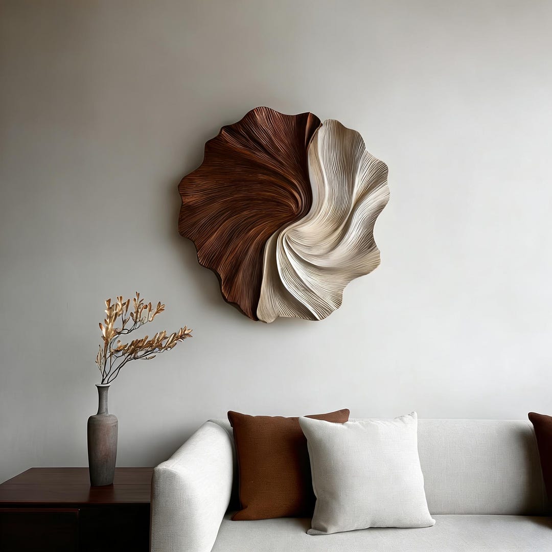 3D Round Wood Wall Art – Abstract Swirl Sculpture in Walnut Brown and ...