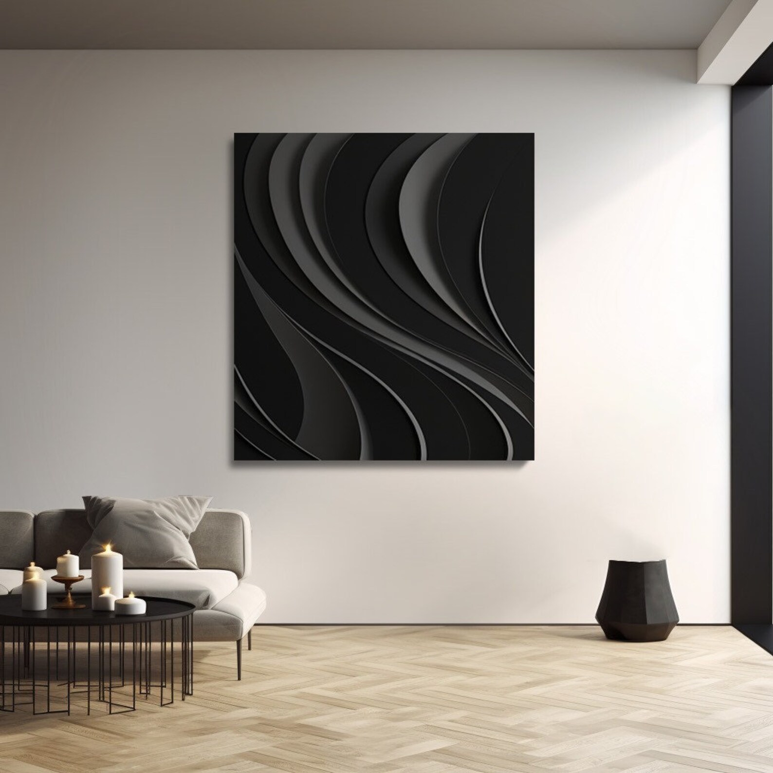 3D Black Abstract Wave Wall Art – Modern Textured Wooden Panel ...