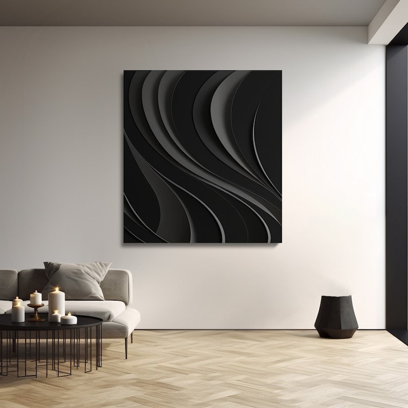 3D Black Abstract Wave Wall Art – Modern Textured Wooden Panel ...