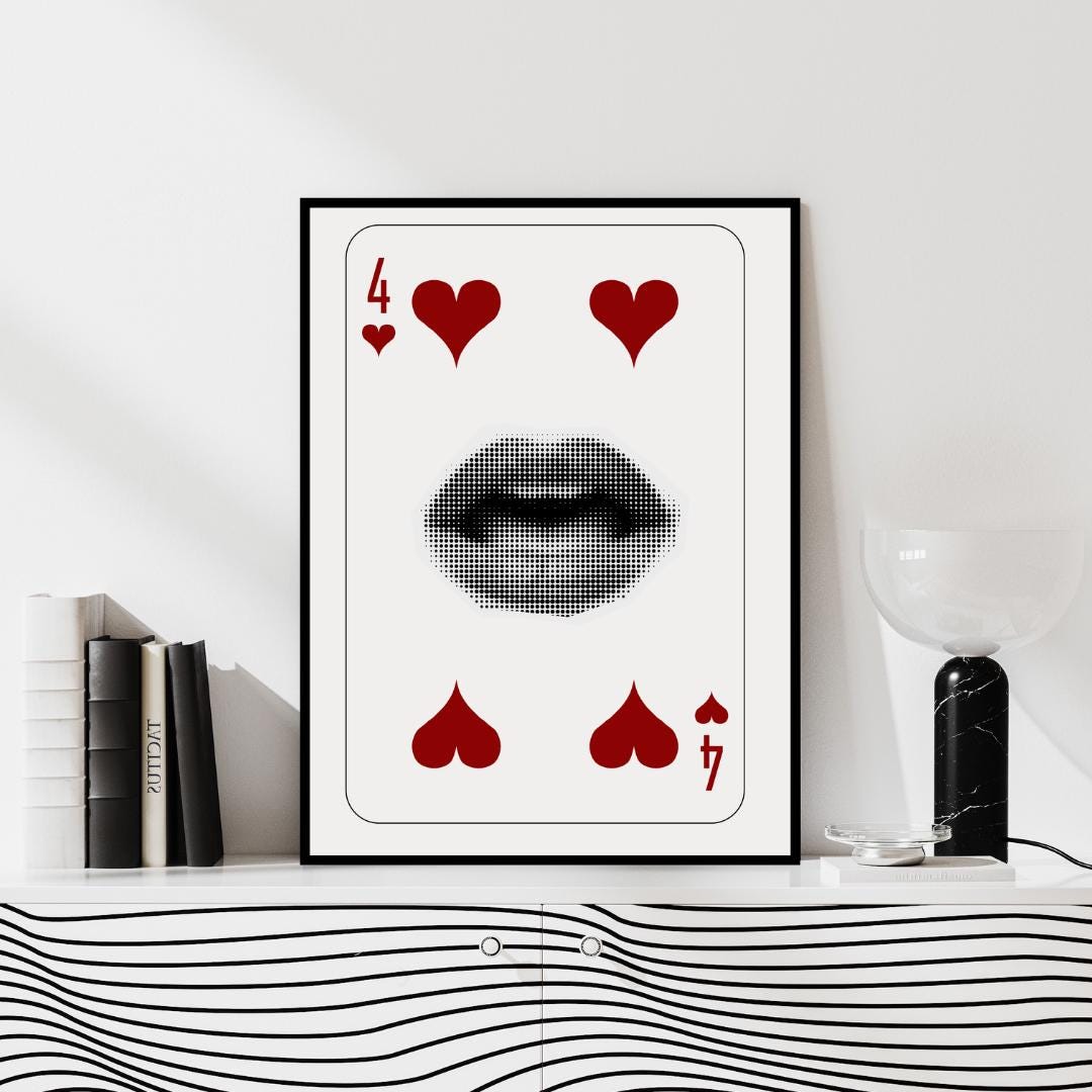 Retro Four of Hearts Playing Card Poster With Lips Design Y2K Poster ...
