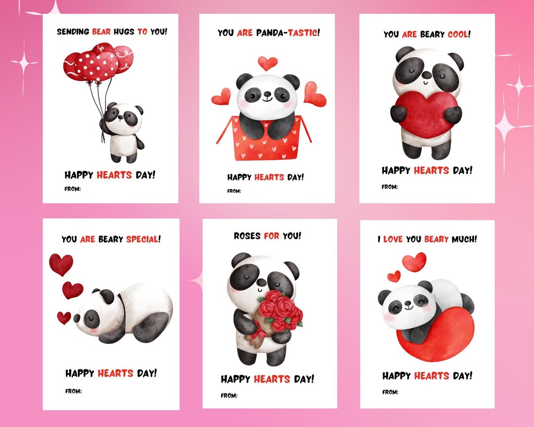 6 Printable Panda Valentines Day Cards,kids Panda Cards,bear Valentines ...