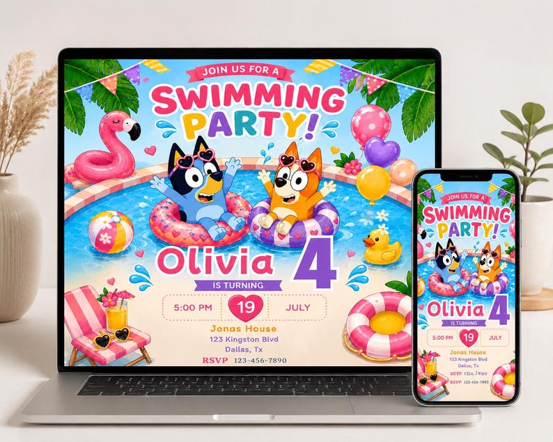 Bluey Pool Party Birthday Invitation, Editable Canva Template, Swimming ...