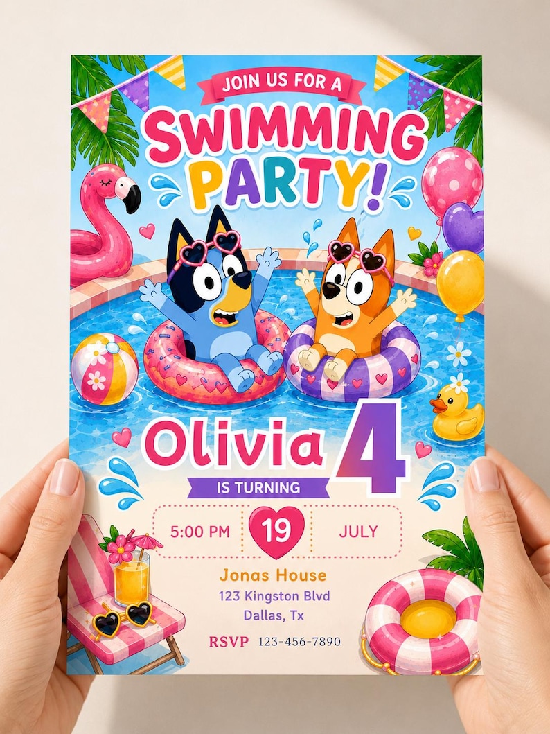 Bluey Pool Party Birthday Invitation, Editable Canva Template, Swimming ...
