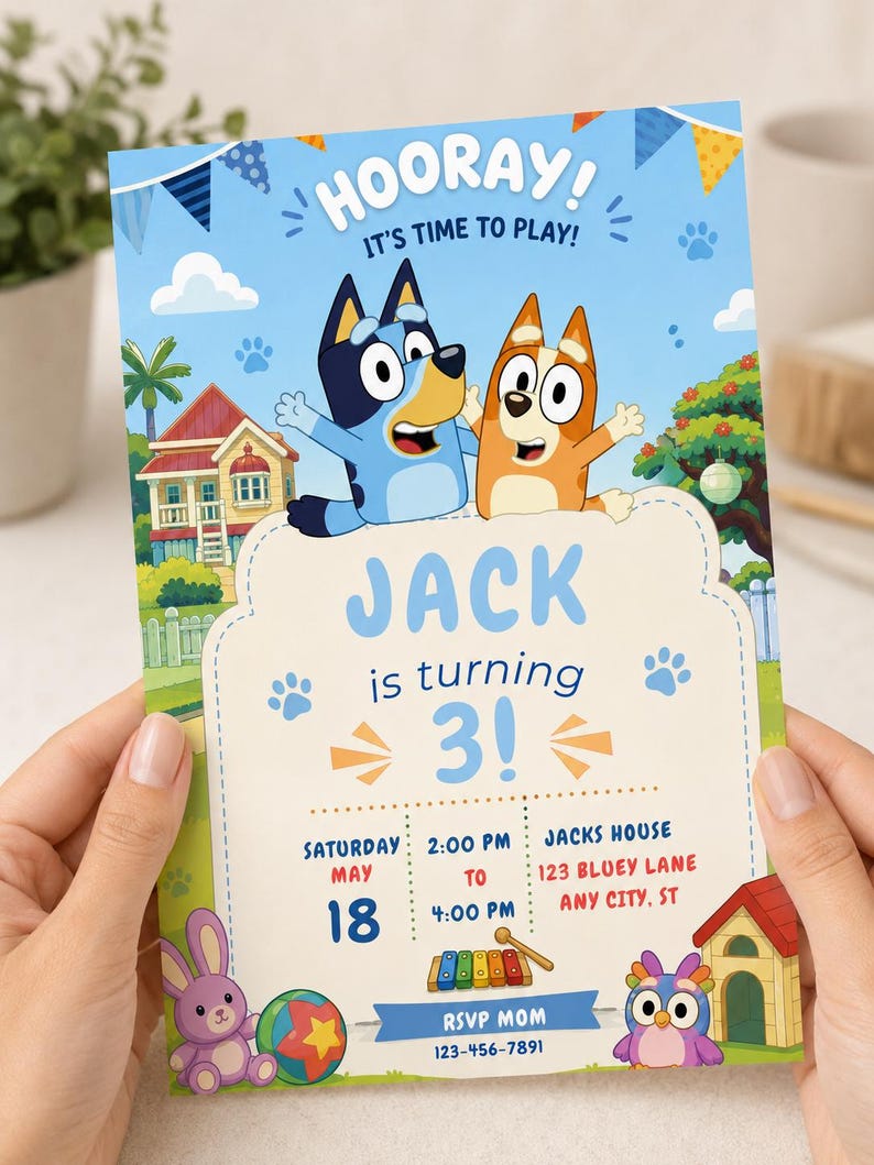 Bluey Birthday Invitation Template, Editable Canva Invite, Blue Dog ...