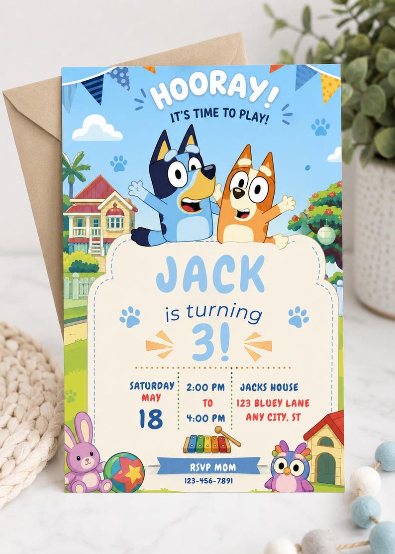 Bluey Birthday Invitation Template, Editable Canva Invite, Blue Dog ...