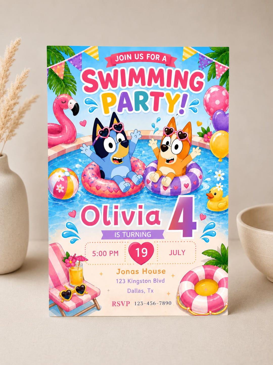 Bluey Pool Party Birthday Invitation, Editable Canva Template, Swimming ...
