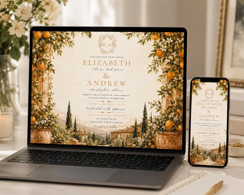 Tuscan Citrus Wedding Invitation Template, Italian Villa Wedding Invite ...