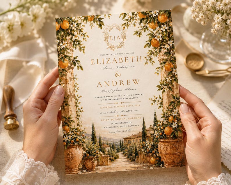 Tuscan Citrus Wedding Invitation Template, Italian Villa Wedding Invite ...