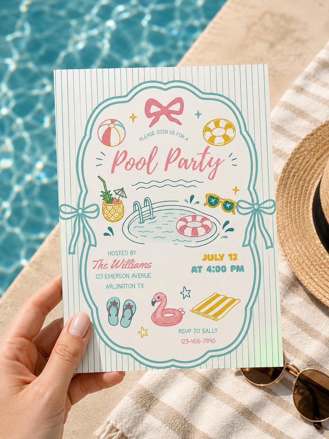 Preppy Pool Party Invitation, Summer Swimming Birthday Invite, Pink Bow ...