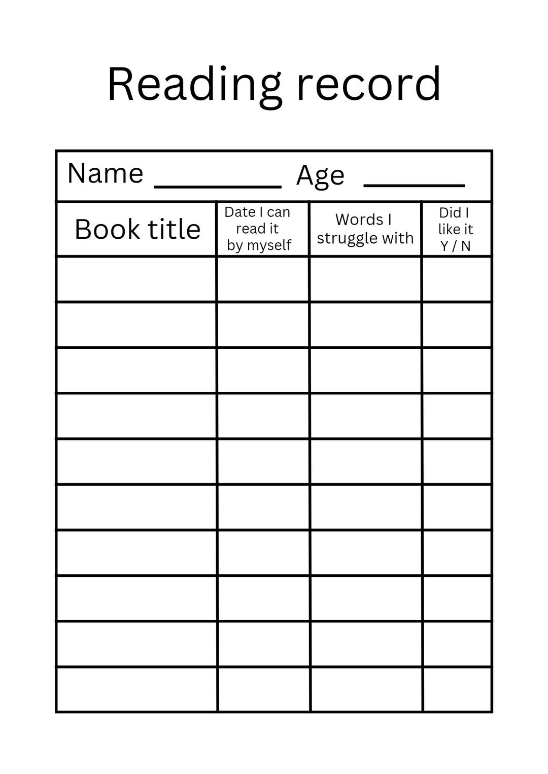 Child Reading Record Chart (PDF) - Etsy