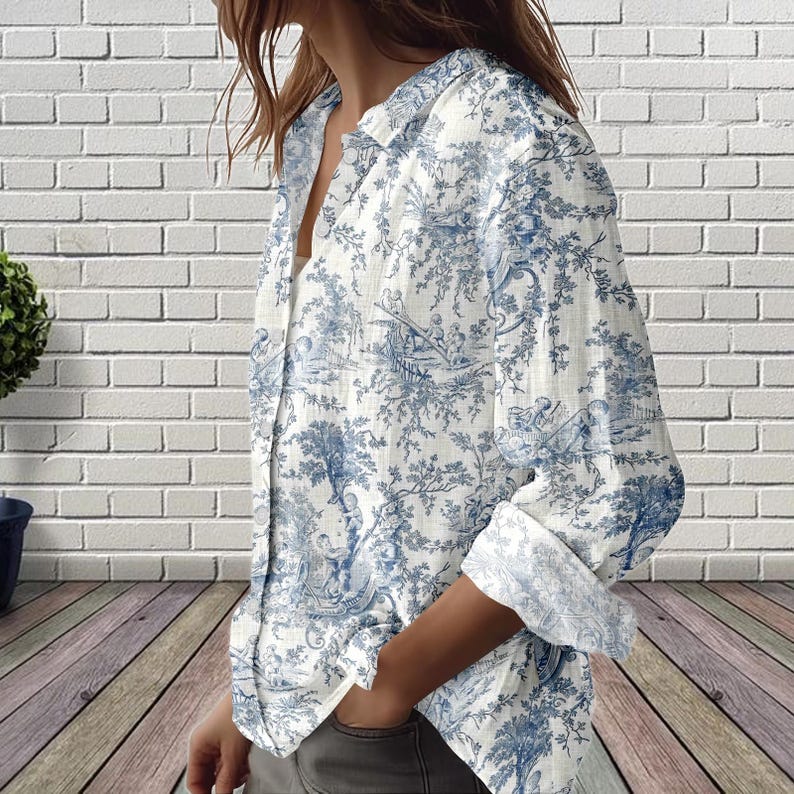 Toile De Jouy Linen-look Shirt, Vintage French Blouse Shirt, Elegant ...