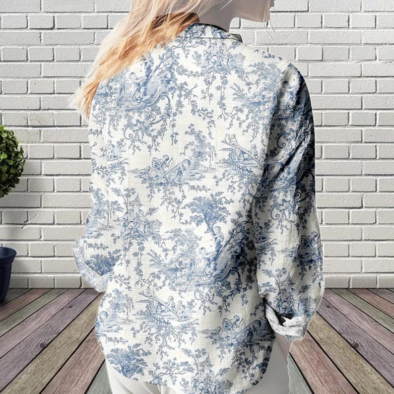 Toile De Jouy Woman Shirt, Vintage French Blouse Shirt, Elegant Blouse ...
