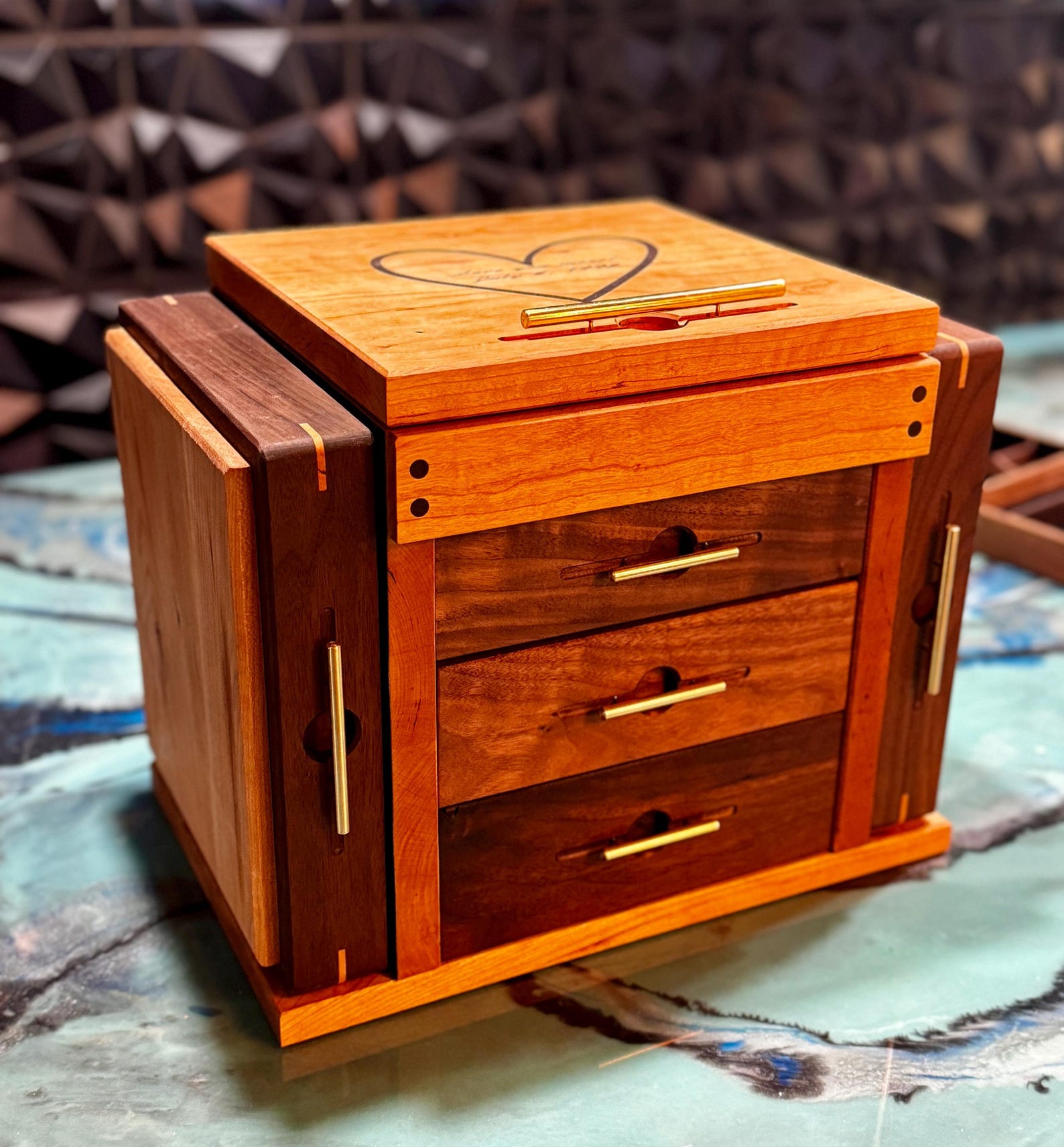 Handcrafted Walnut & Cherry Jewelry Box: Dovetail Drawers, Brass ...