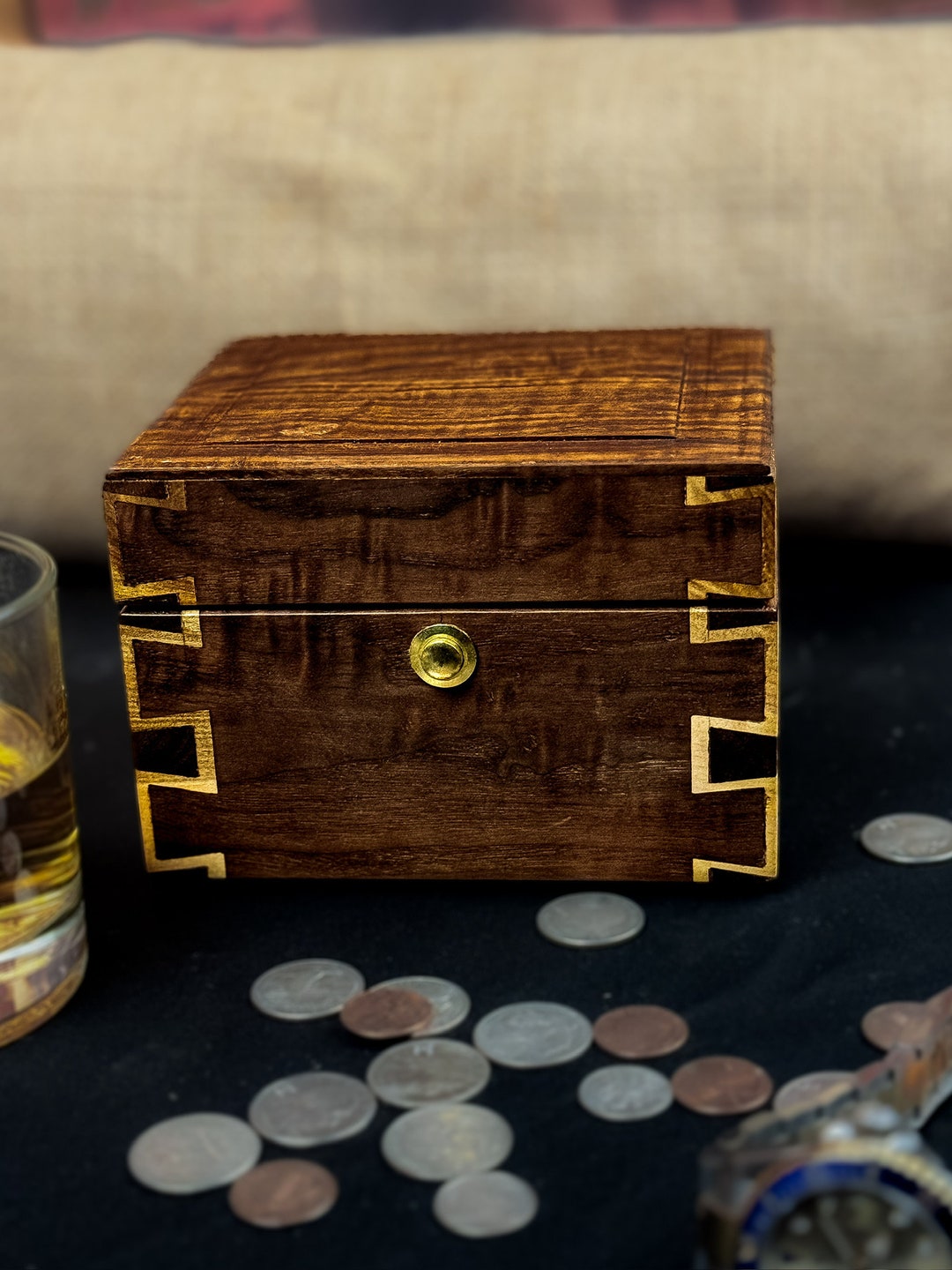 Curly Walnut Jewelry Box: Maple Dovetail Inlay, Brass Latch - Etsy