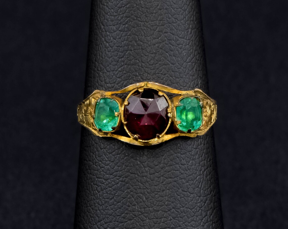 Antique Rose Cut Garnet and Green Paste Ring in 9K Gold with | Etsy