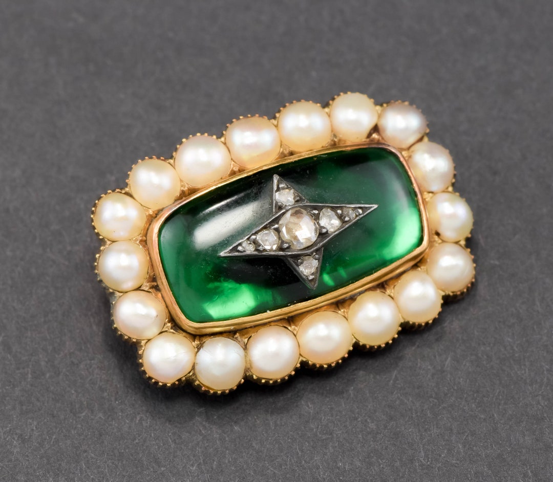 Antique Diamond Star Brooch Pin With Green Glowing Plaque & Pearls ...