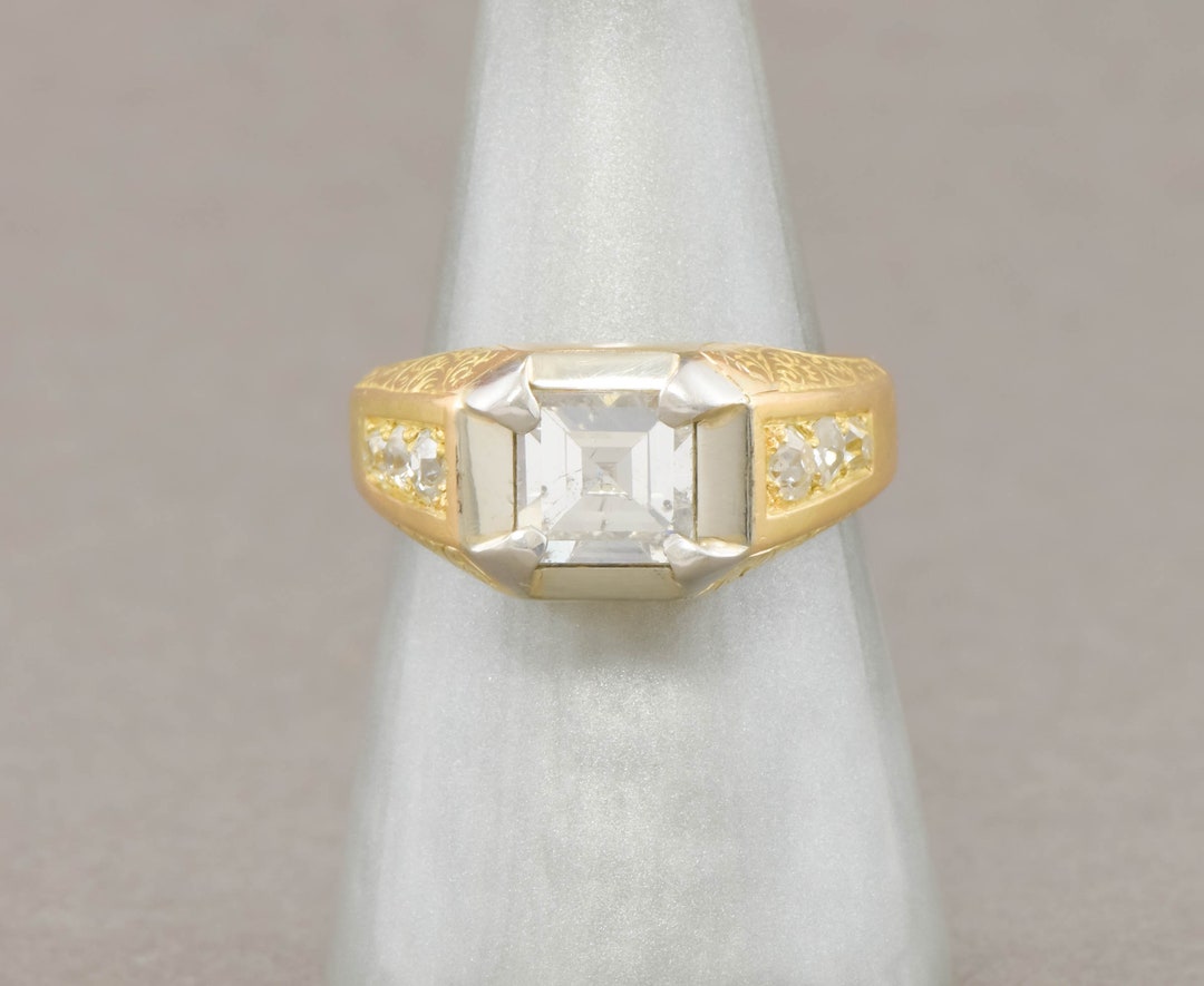 French 18K Gold Square Step Cut Diamond Ring With Old European - Etsy