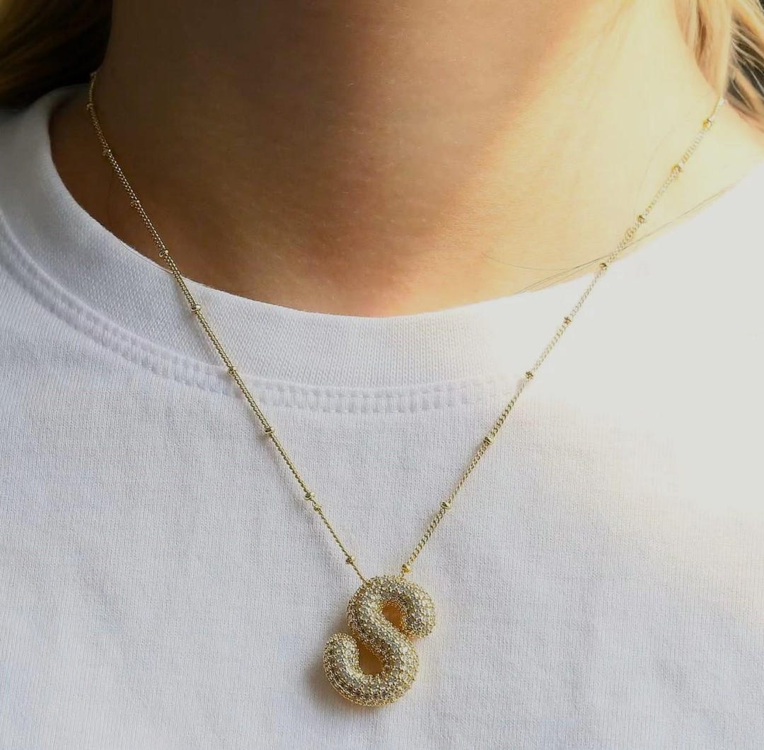 Balloon Letter Necklace,bubble Pave Initial Pendant,3d Gold Letter ...