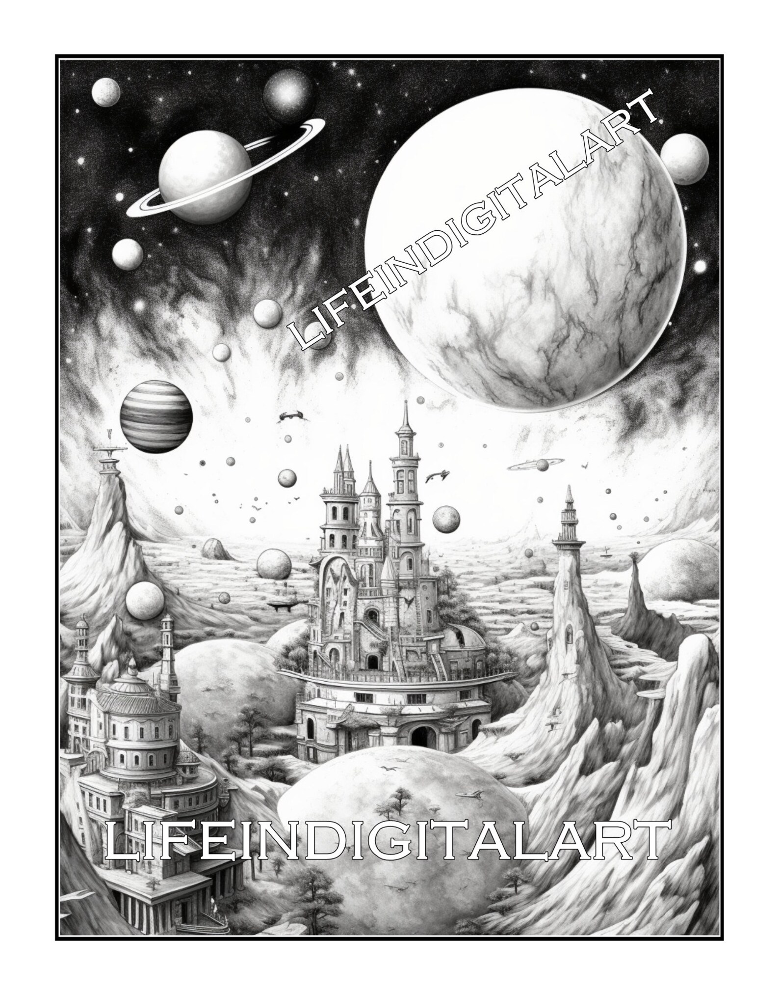 Galactic Landscape Coloring Pages / Printable Coloring Book for Adults ...