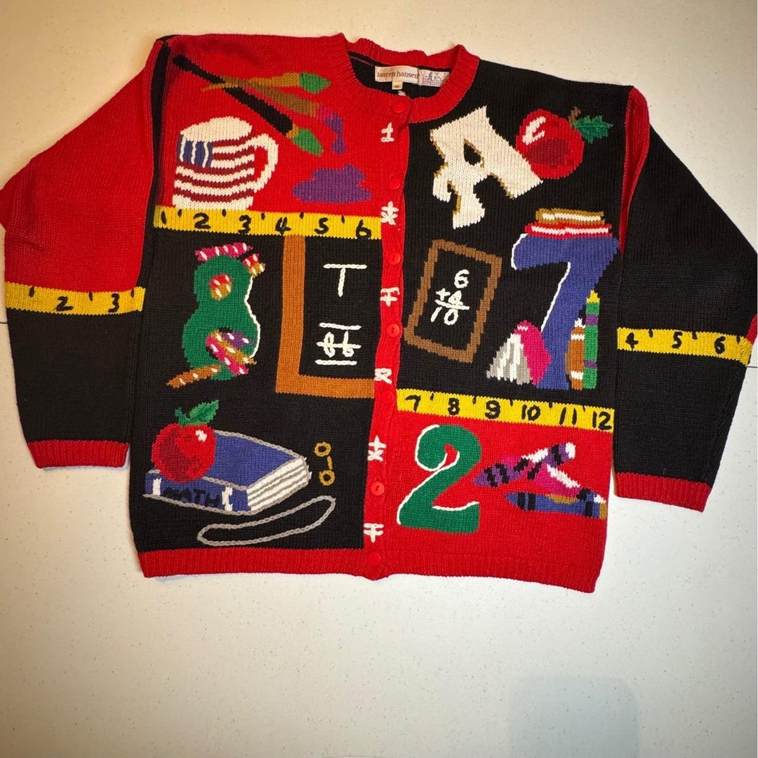 Vtg New Lauren Hansen 90s Teacher School Novelty Knit Cardigan Sweater ...