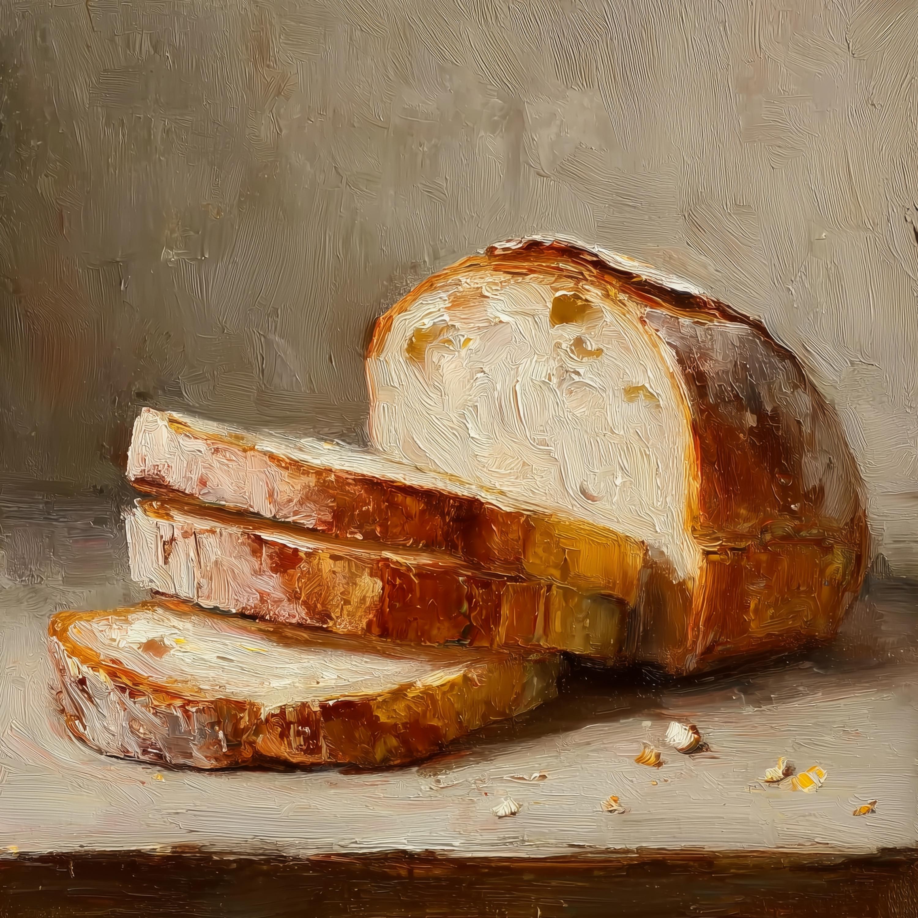 Bread Oil Painting Textured Still Life Canvas Art Rustic Loaf on Table ...