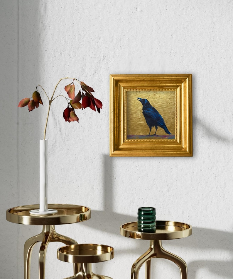Raven Oil Painting Gold Leaf Canvas Bird Artwork Black Crow Animal Wall ...