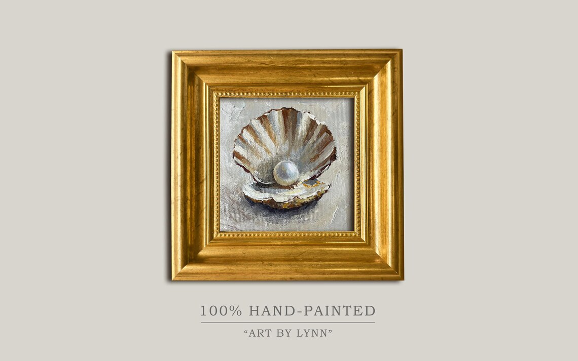 Pearl in Oyster Shell Oil Painting Textured Small Canvas Impasto Style ...
